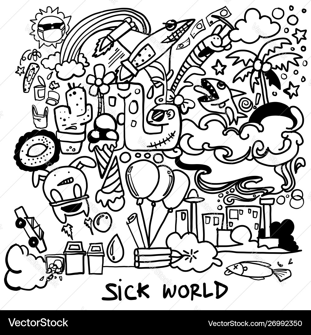 Doodle digital draw sick world with bad Royalty Free Vector