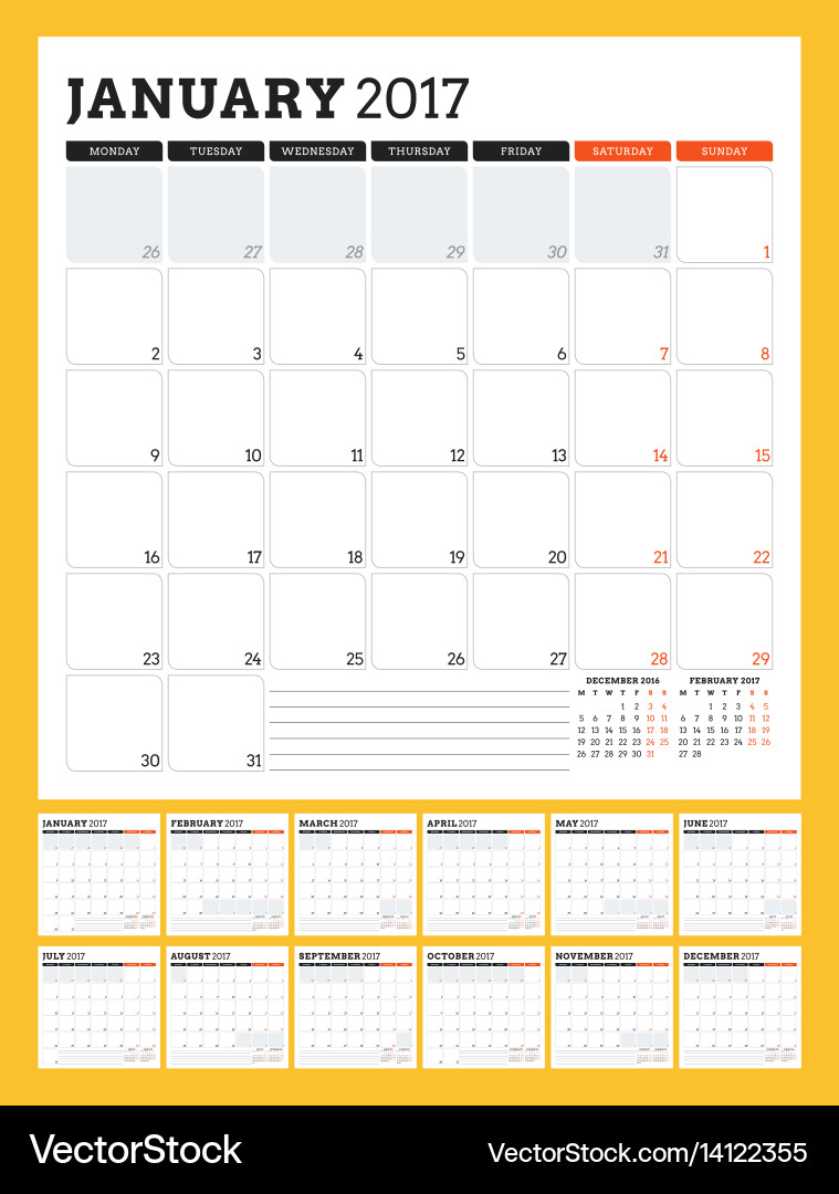 Calendar template for 2017 year week starts Vector Image