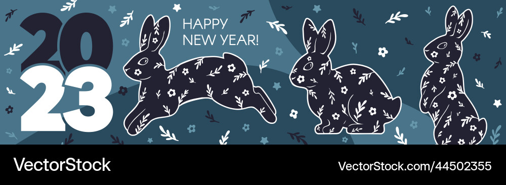 Horizontal long banner with floral rabbits Vector Image