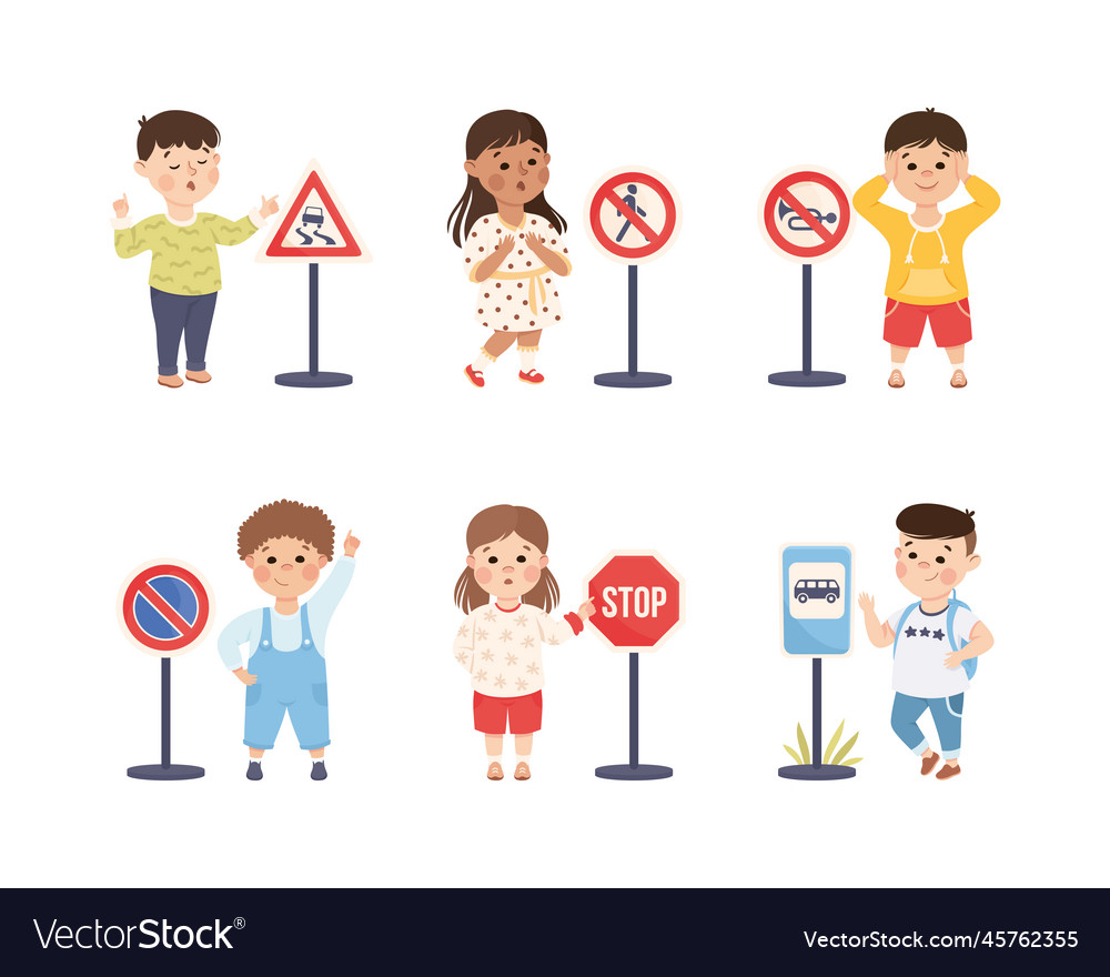 Little boy and girl pedestrian learning road sign Vector Image
