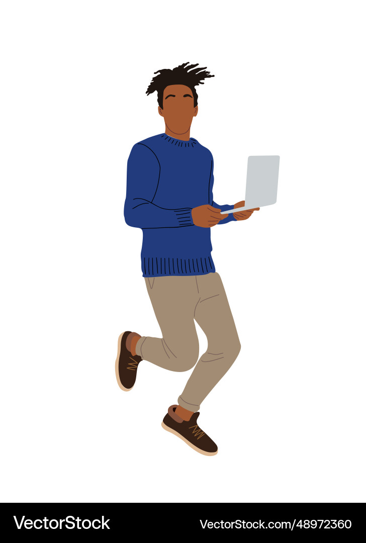 Black man working at laptop walking Royalty Free Vector