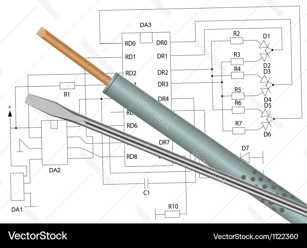 Soldering iron screwdriver and electronic circuit Vector Image