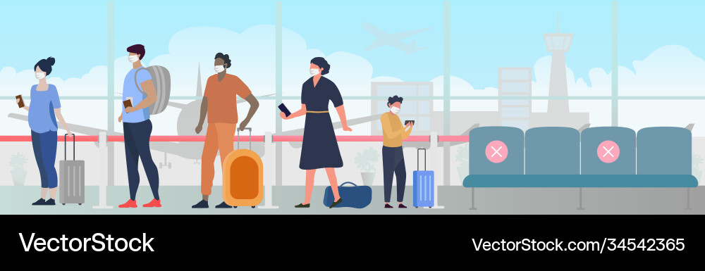 A large queue people in airport building Vector Image