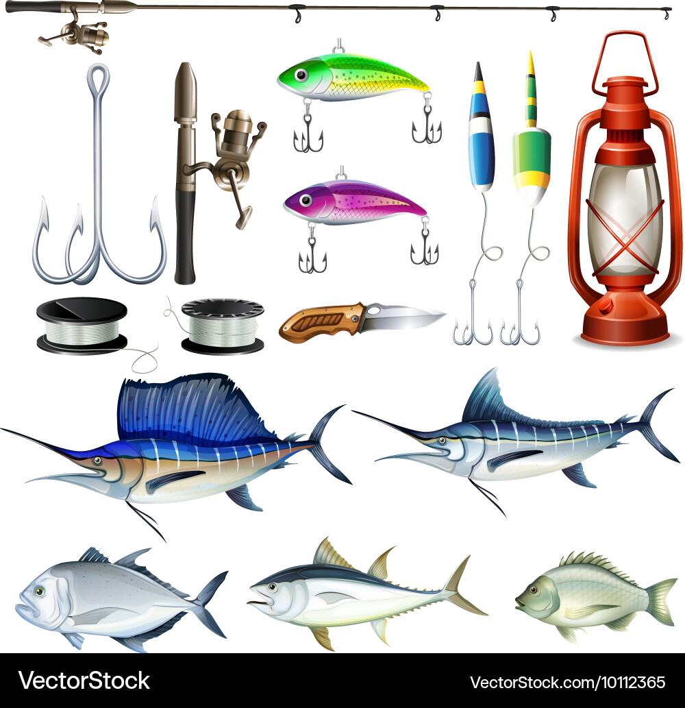 Fishing set with equipment and fish Royalty Free Vector