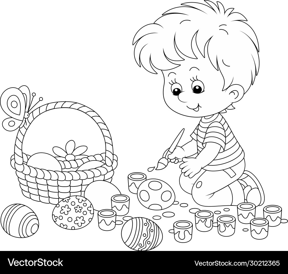 Happy little boy painting easter eggs Royalty Free Vector