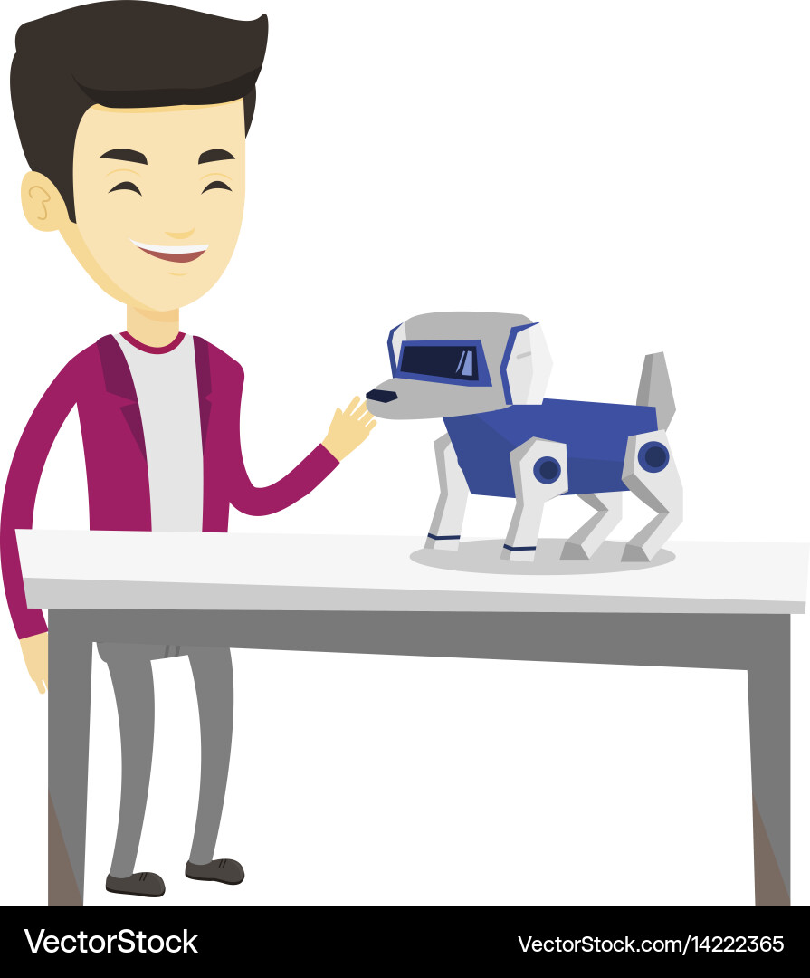 Happy young man playing with robotic dog Vector Image