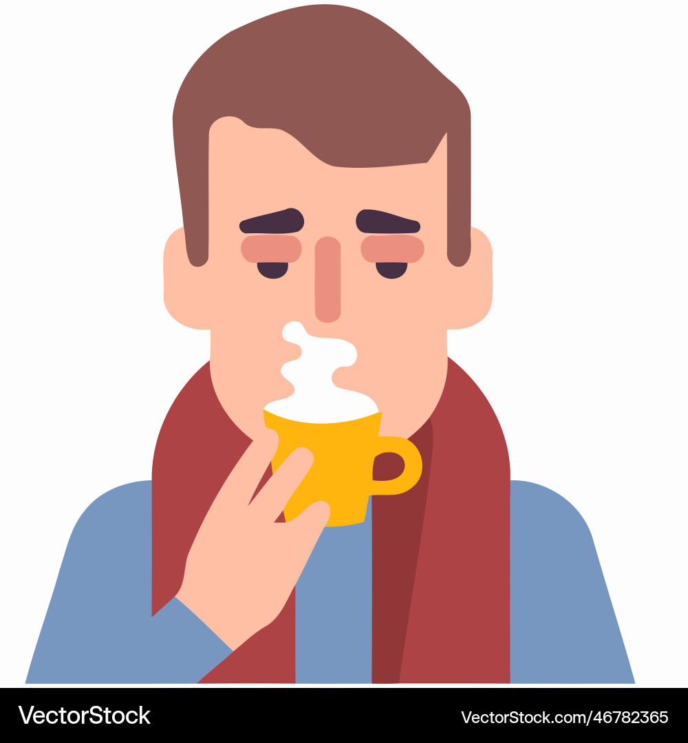 Sick man with flu with scarf and cup Royalty Free Vector