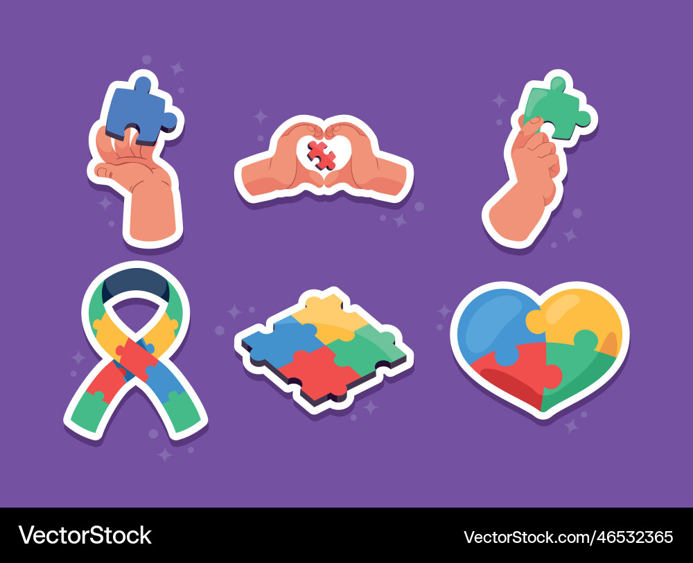 Six autism day icons Royalty Free Vector Image