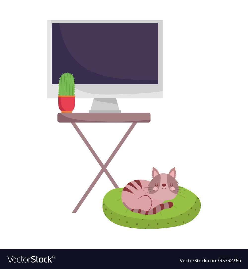 Workspace table with computer screen cactus Vector Image