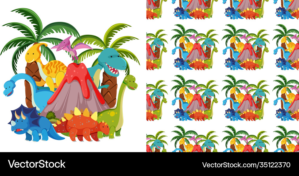 Seamless and group cute dinosaurs volcano Vector Image