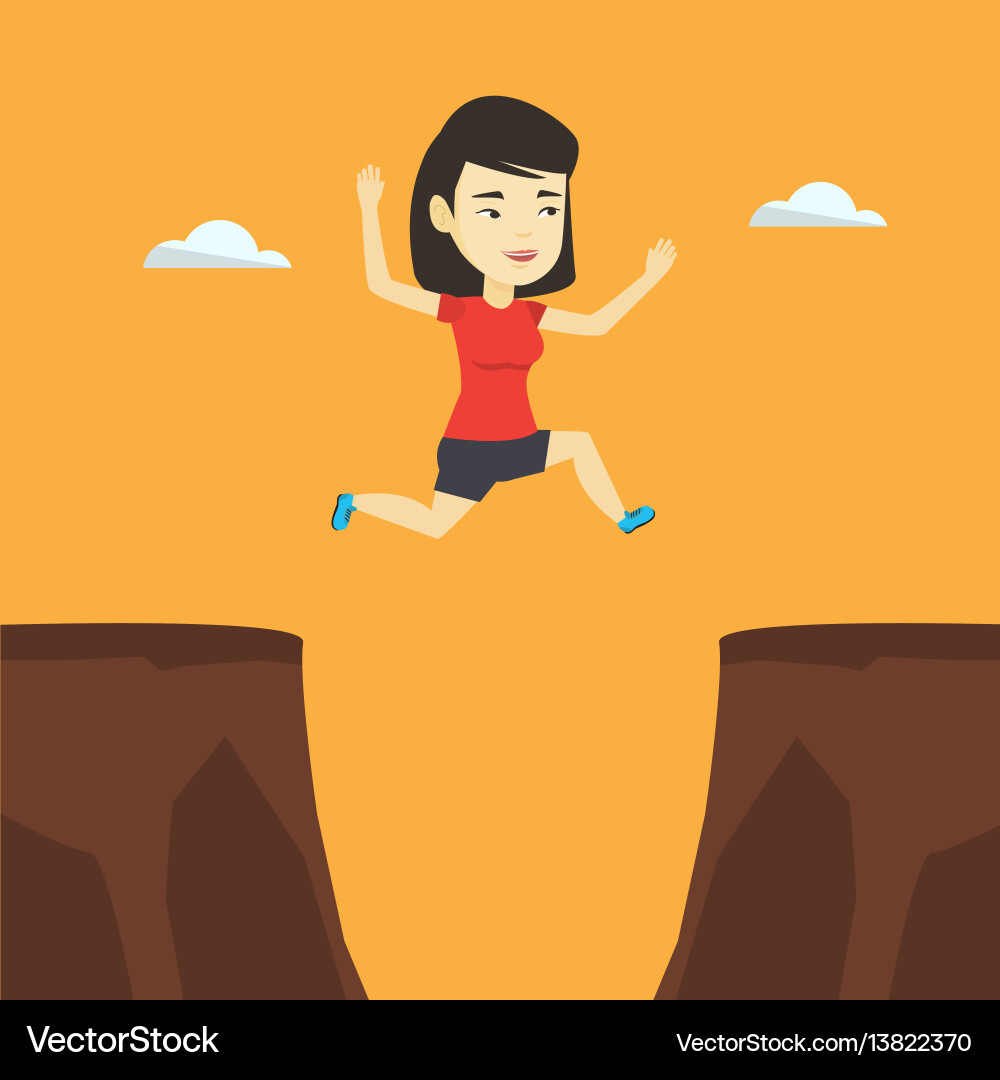 Sportswoman jumping over cliff Royalty Free Vector Image