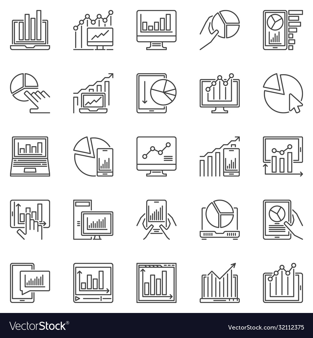Computer with chart or graph outline icons Vector Image