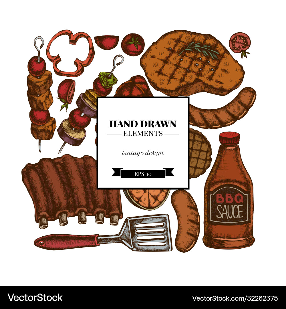 Square design with colored spatula pork ribs Vector Image