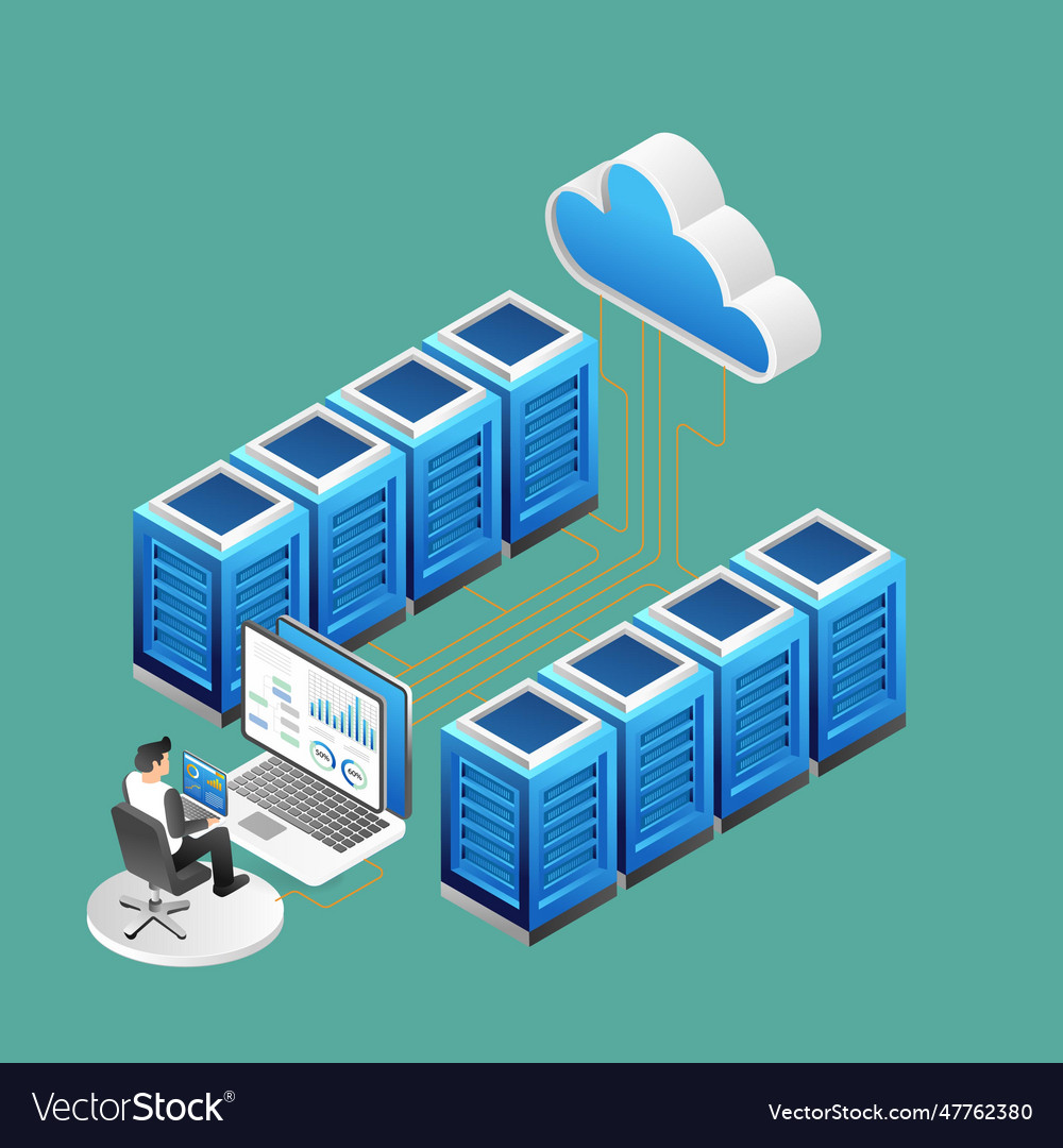 Isometric server room cloud computing and data Vector Image Isometric server room cloud computing and data Vector Image