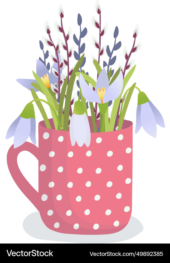 Pink polka dot mug filled with spring flowers a Vector Image