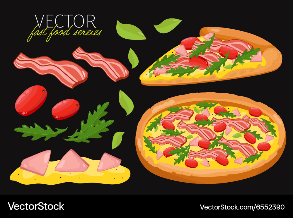 Isolated bacon pizza fast food set Royalty Free Vector Image
