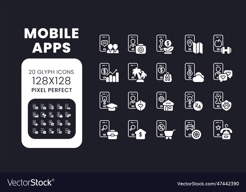 Mobile apps white solid desktop icons set Vector Image Mobile apps white solid desktop icons set Vector Image