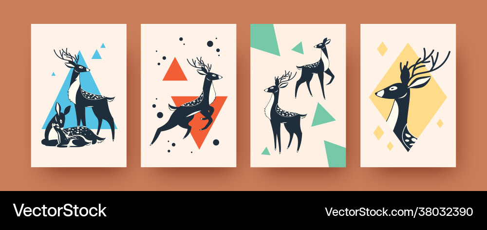 Set abstract banners with deer in scandinavian Vector Image