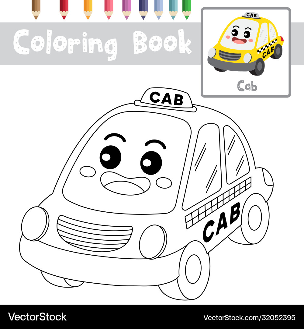 Coloring page cab cartoon character perspective Vector Image