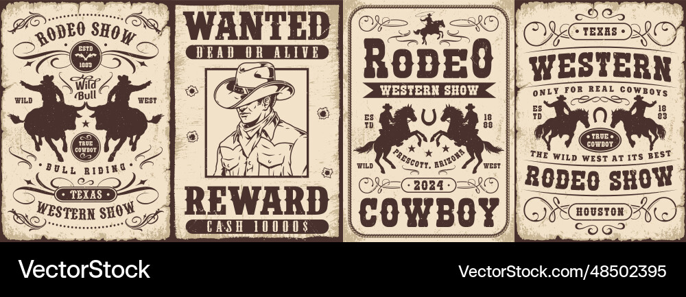 Western rodeo monochrome set flyers Royalty Free Vector