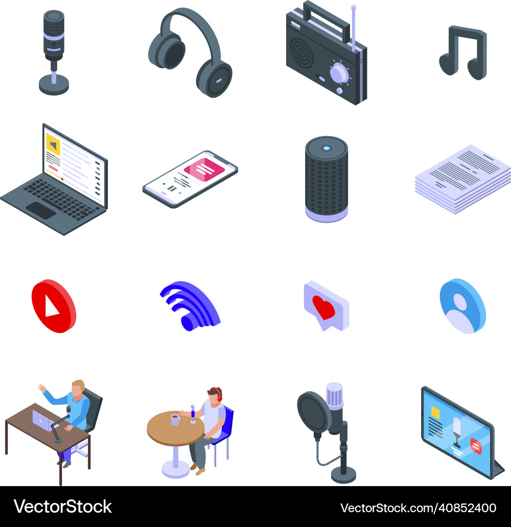 Podcast icons set isometric style Royalty Free Vector Image
