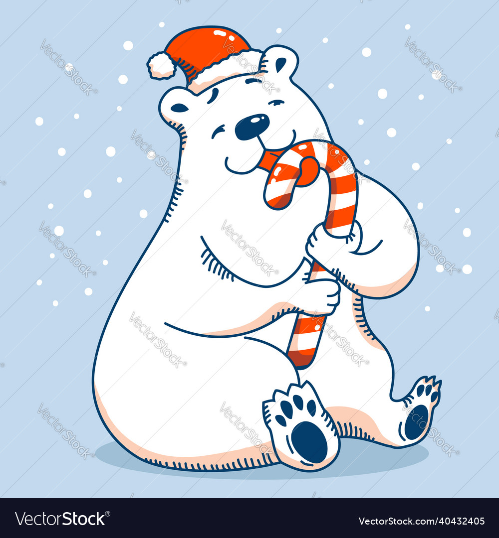 Christmas Card With Polar Bear Eat Sweet Vector Image
