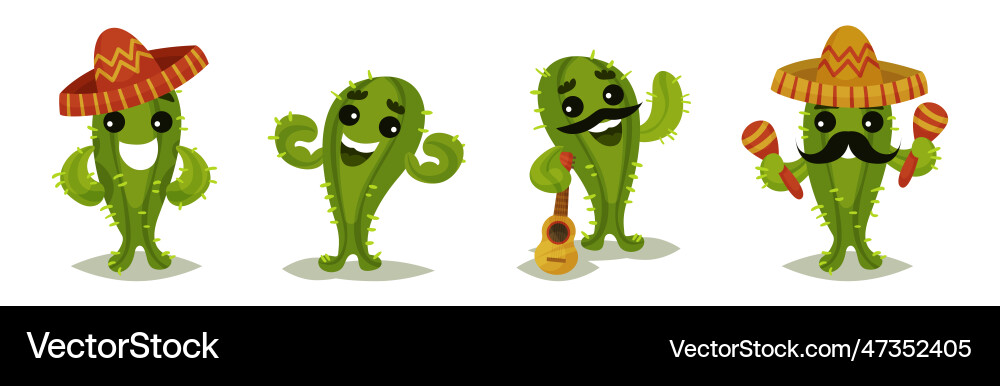 Green cactus funny character engaged in different Vector Image