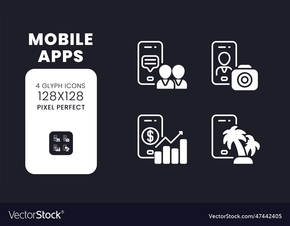 Mobile apps white solid desktop icons set Vector Image Mobile apps white solid desktop icons set Vector Image