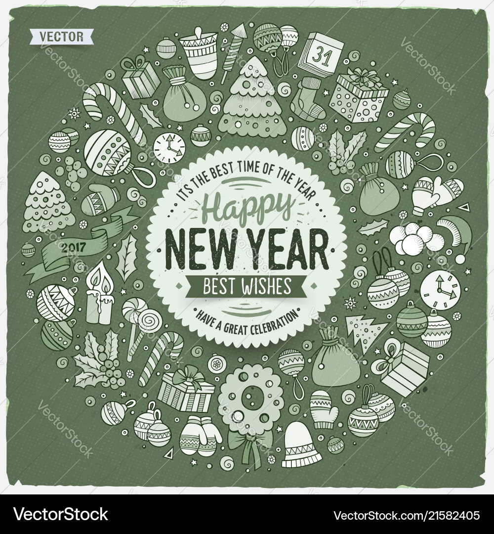 Set of new year cartoon doodle objects round frame