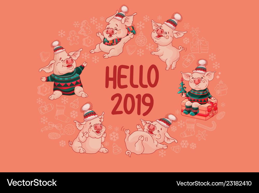 Hello 2019 horizontal banner with cute pig Vector Image