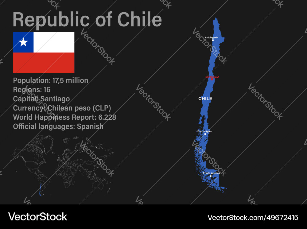 Highly detailed chile map with flag capital Vector Image