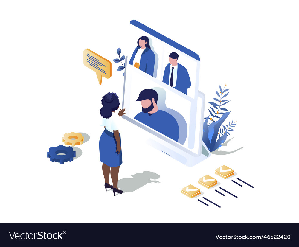 Remote team concept 3d isometric web scene Vector Image
