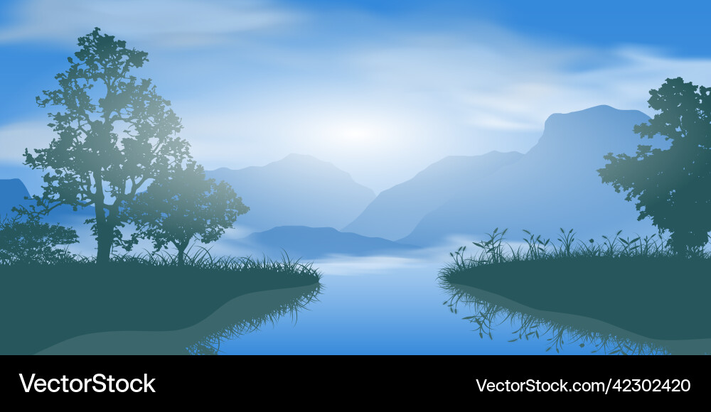 Tree and grass silhouette in lake Royalty Free Vector Image