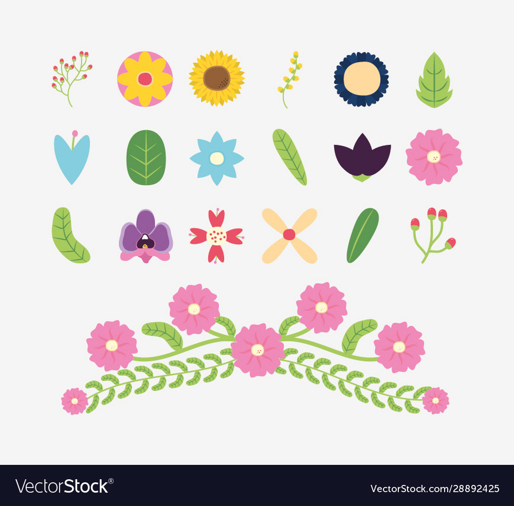 Bundle flowers and leafs spring season icons Vector Image