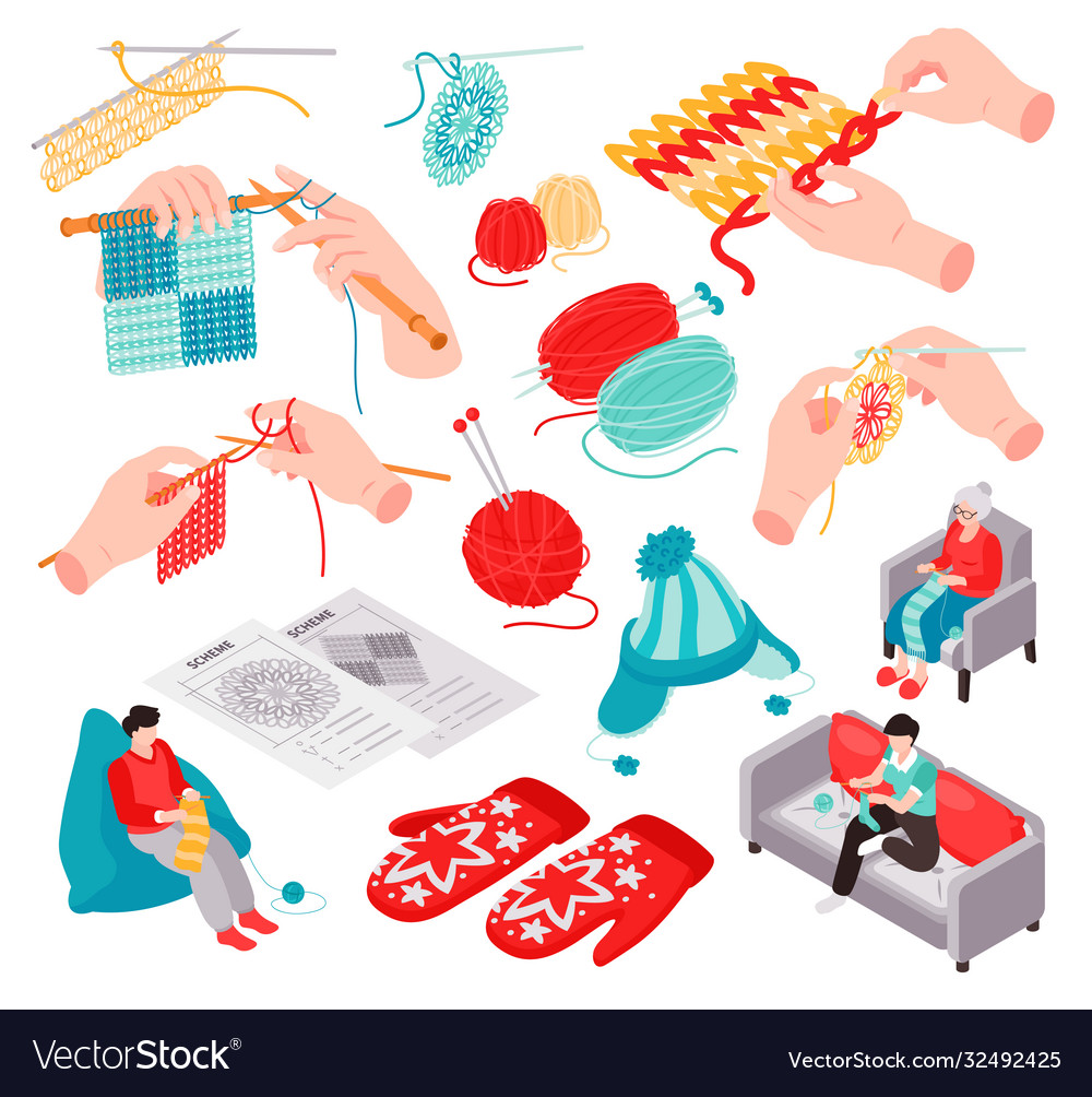 Knitting isometric icon set Royalty Free Vector Image