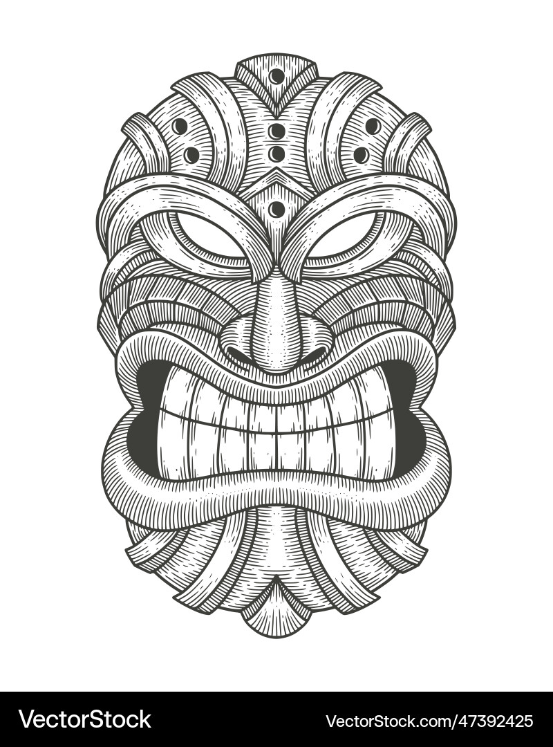 Wooden tiki mask engraving drawing Royalty Free Vector Image
