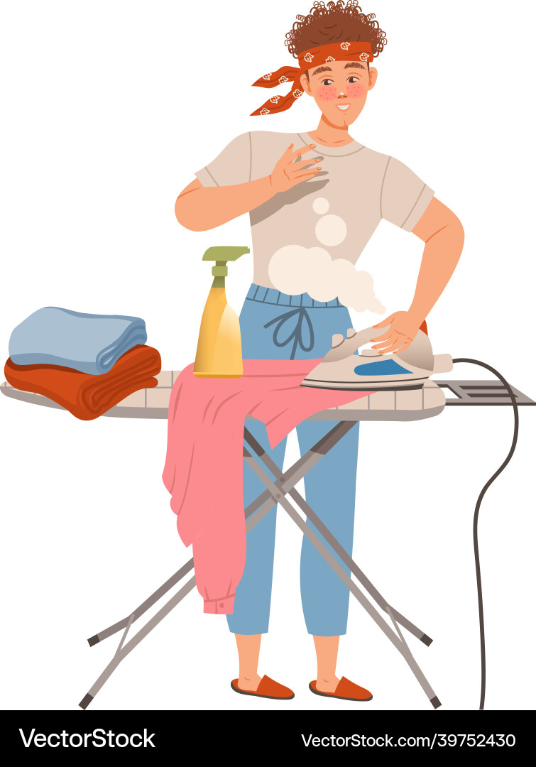 Man ironing clothes on board househusband doing Vector Image
