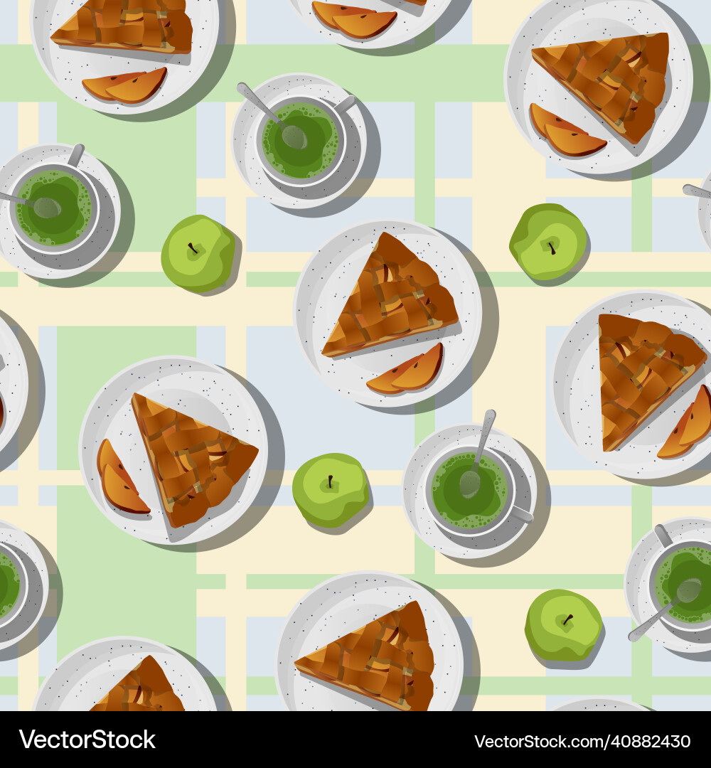 Pattern with piece of apple pie in white plate Vector Image
