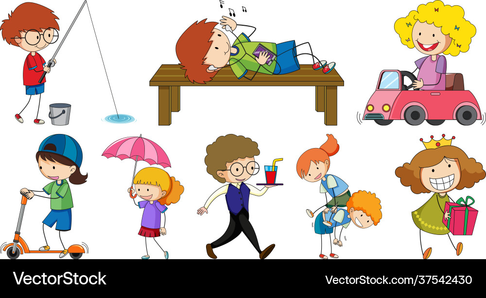 Set different doodle kids cartoon character Vector Image