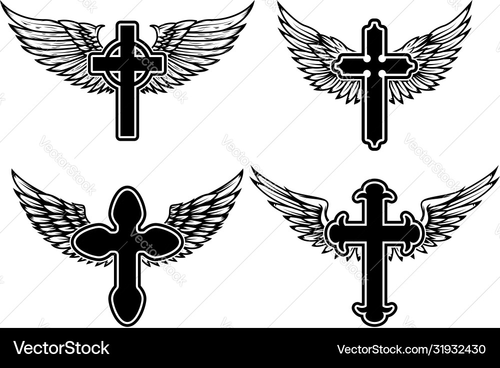 Set winged christian religious crosses Royalty Free Vector