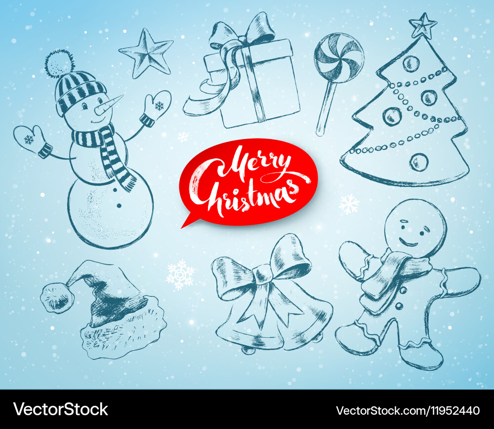 Christmas hand drawn line art set Royalty Free Vector Image