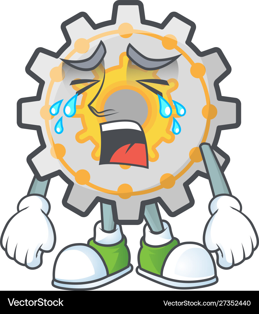 Crying gear shape circle with cartoon character Vector Image