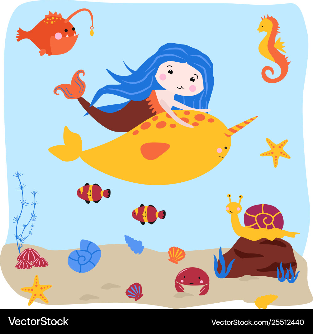Poster with mermaid and swordfish Royalty Free Vector Image