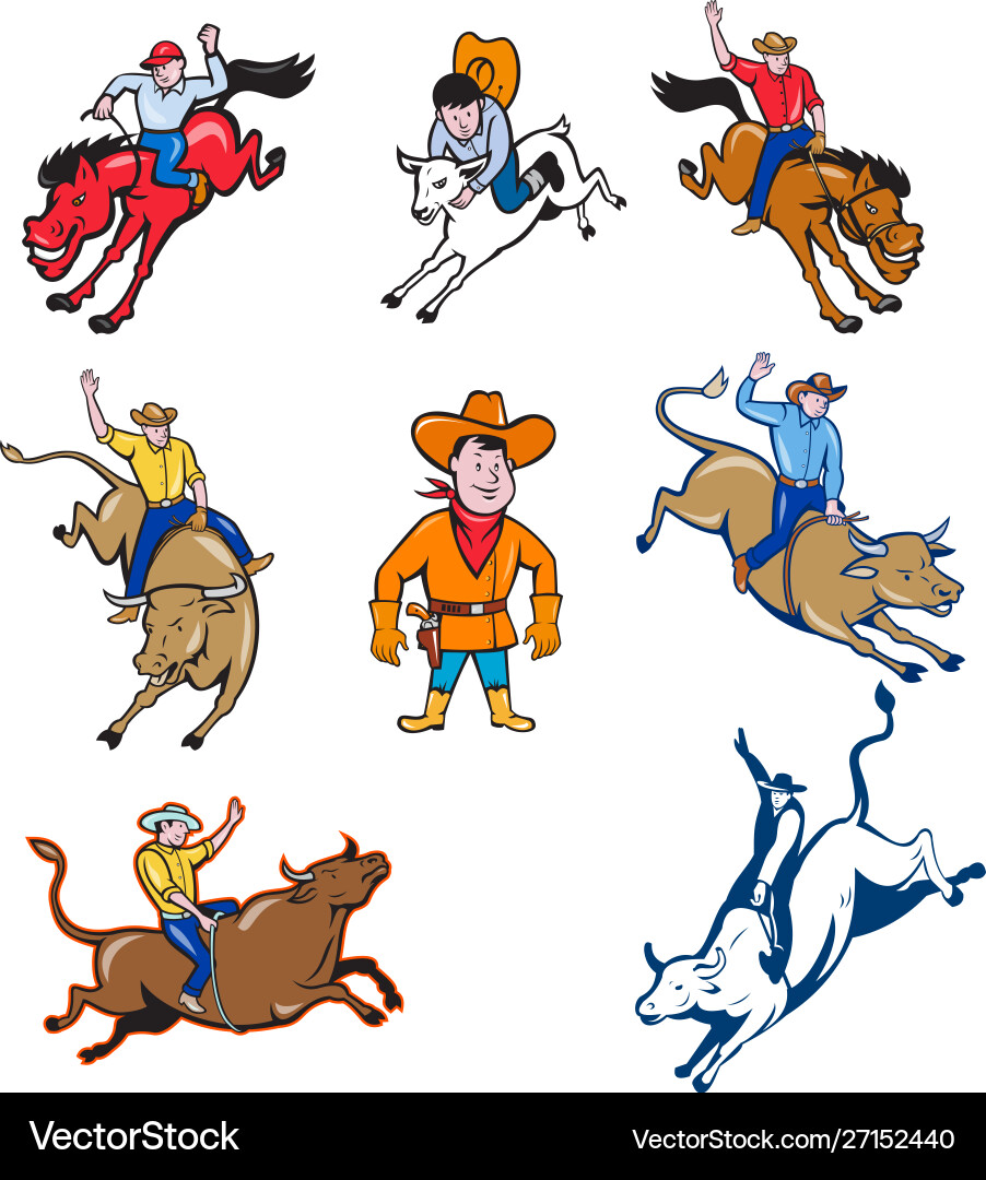 Rodeo cowboy cartoon set Royalty Free Vector Image