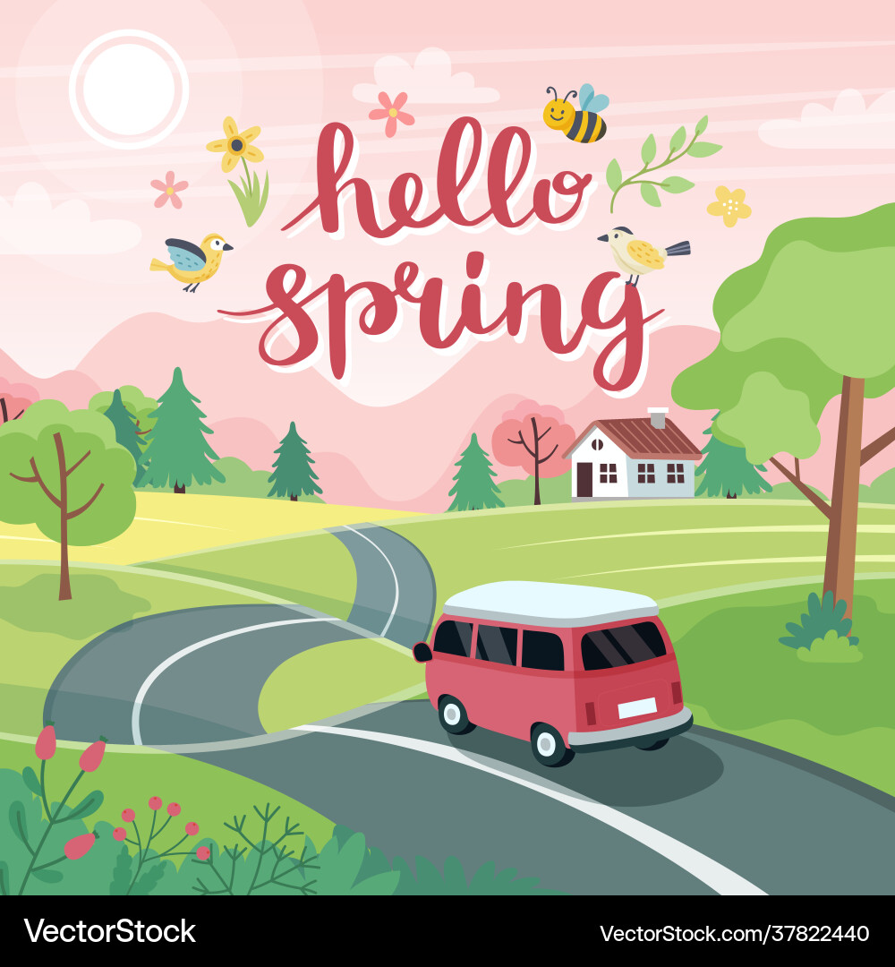 Spring road trip landscape with a cute car Vector Image