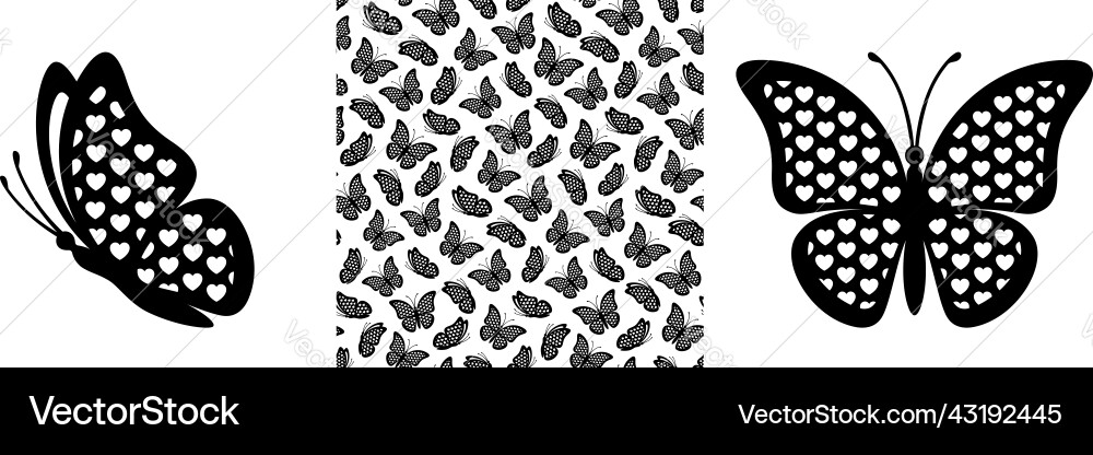 Butterfly contour and seamless pattern Royalty Free Vector