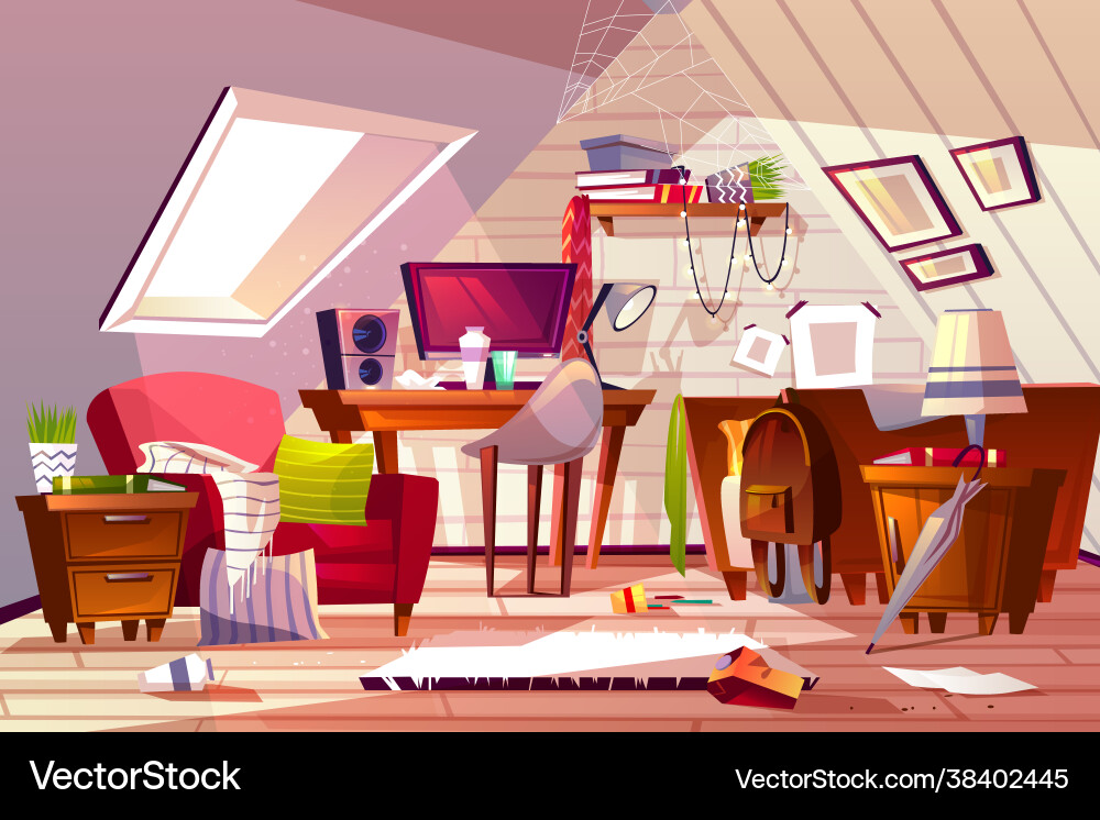 Messy room at garret attic Royalty Free Vector Image