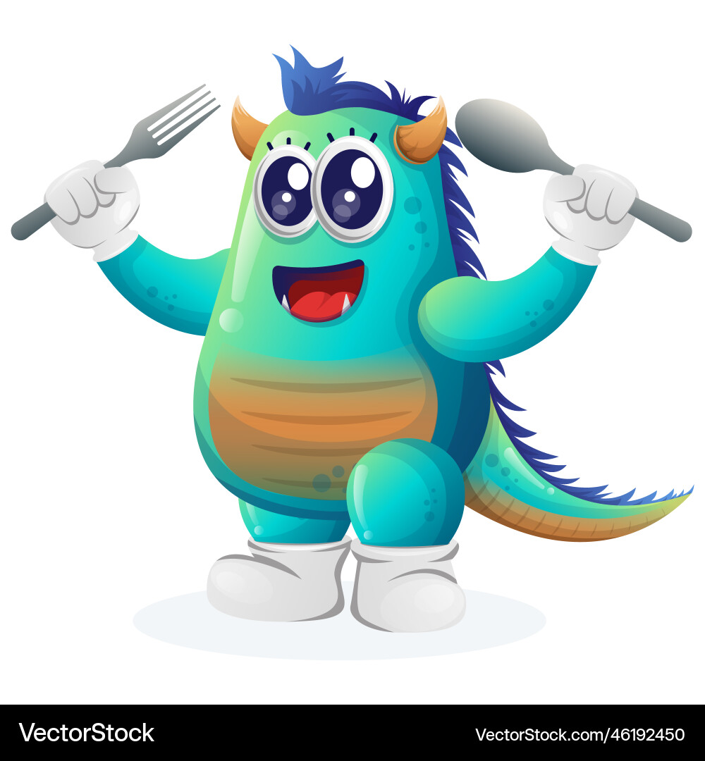 Cute blue monster holding spoon and fork Vector Image