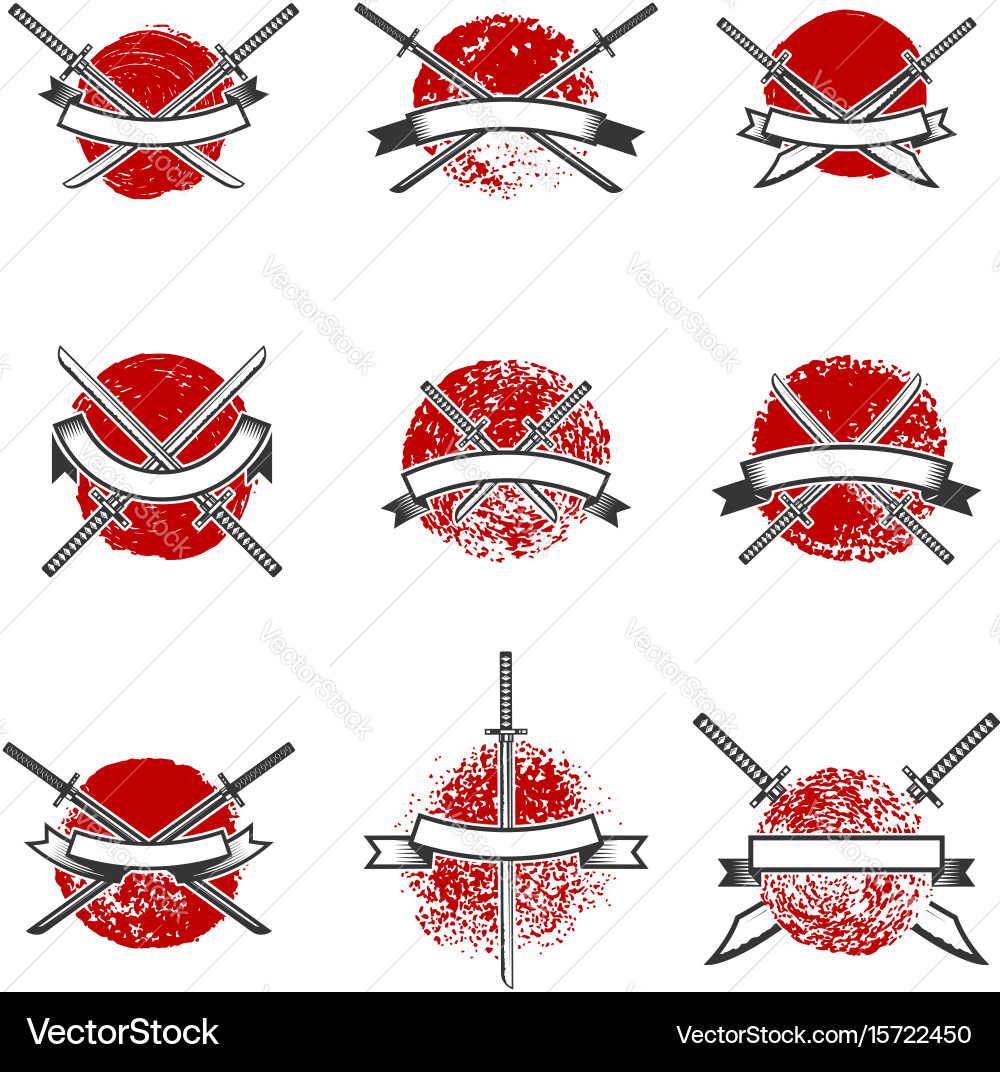 Set of labels with samurai swords design elements Vector Image