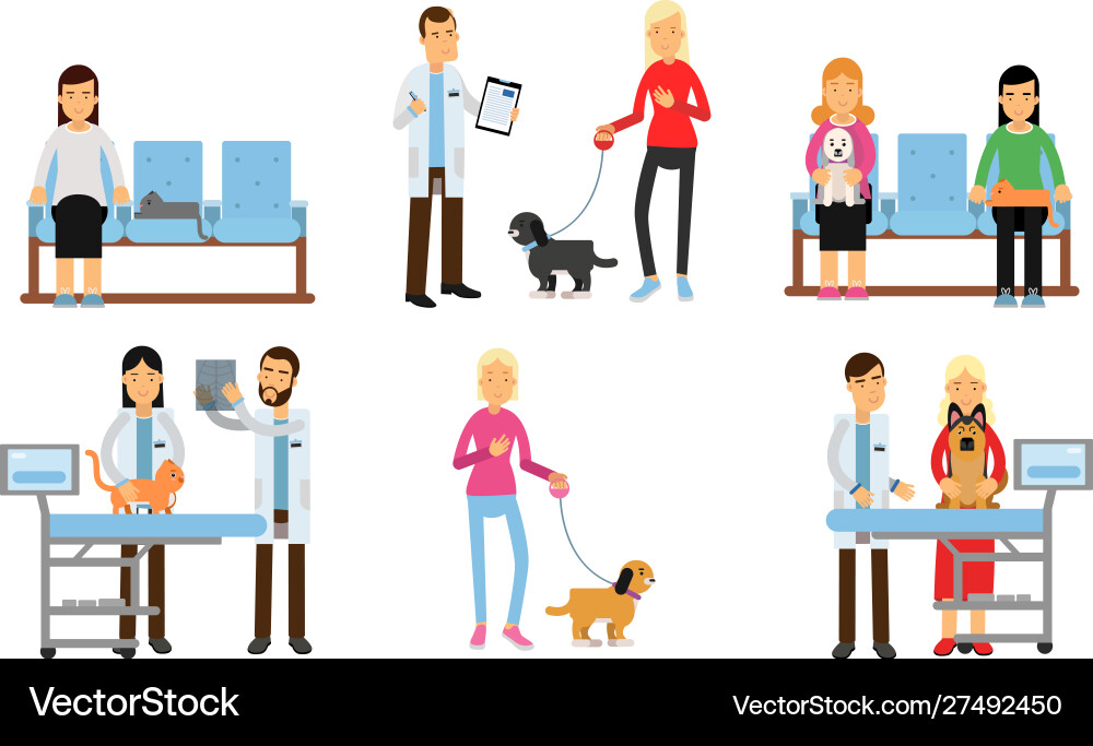 Set situations in a veterinary clinic Royalty Free Vector